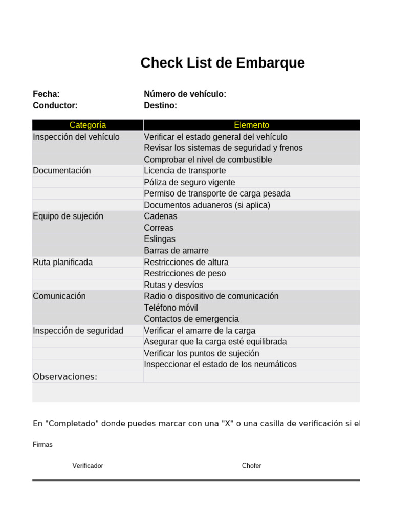 Check List de Embarque | PDF