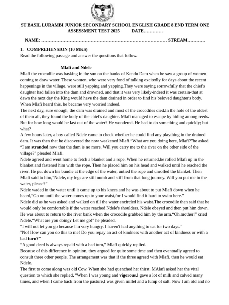 ENGLISH GRADE 8 END TERM EXAM | PDF | Lion | Adverb