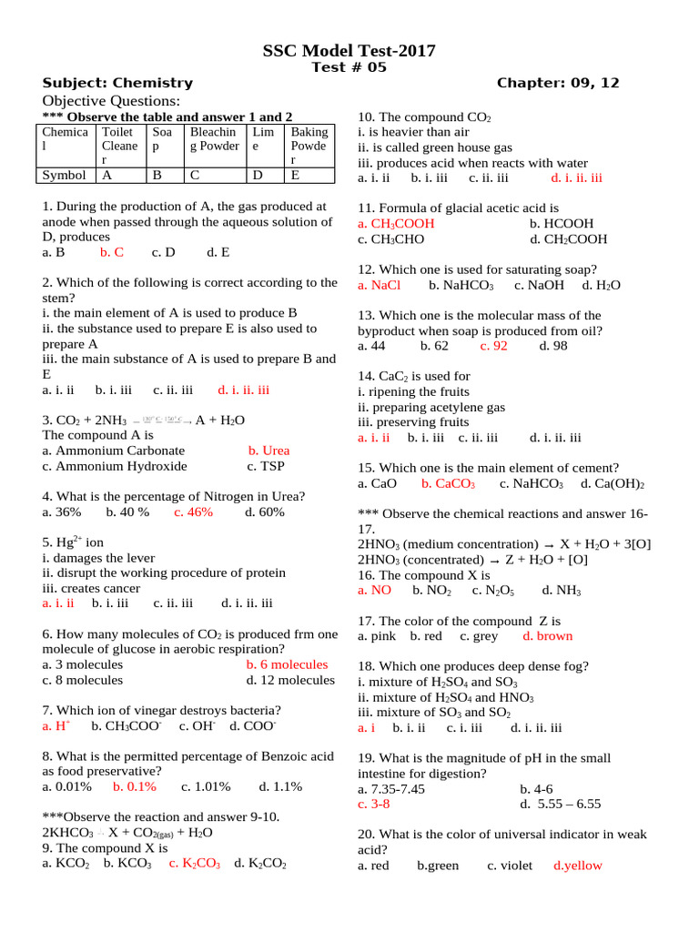 SSC Model Test - 05 Chemistry 09, 12 | PDF | Acid | Carbon Dioxide