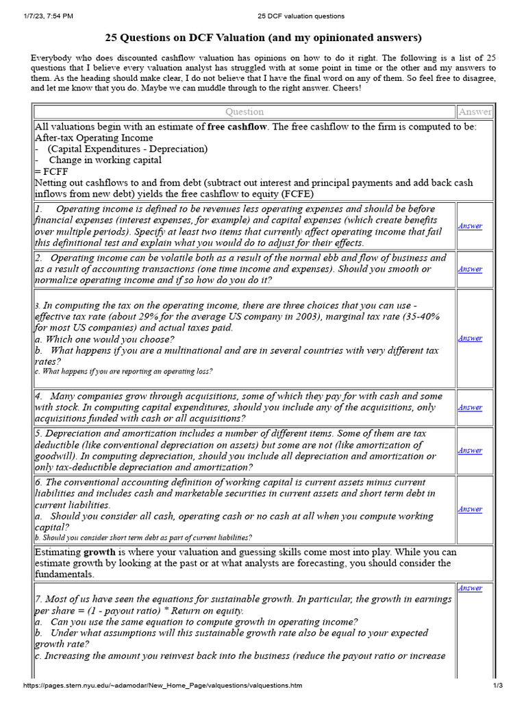 25 Key DCF Valuation Questions | PDF | Valuation (Finance) | Free Cash Flow