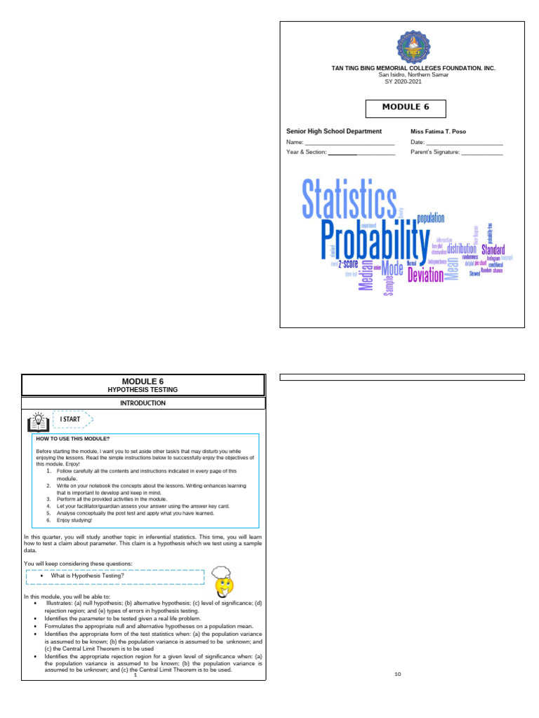 Module - 6 Statistic and Probability | PDF | Hypothesis | Statistics