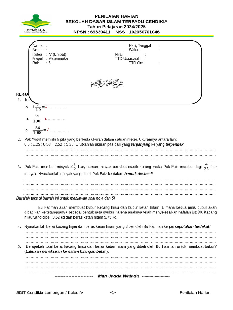 Soal PH 1 ..... MTK Kelas 4 - 2024-2025 - (Bab 6) | PDF