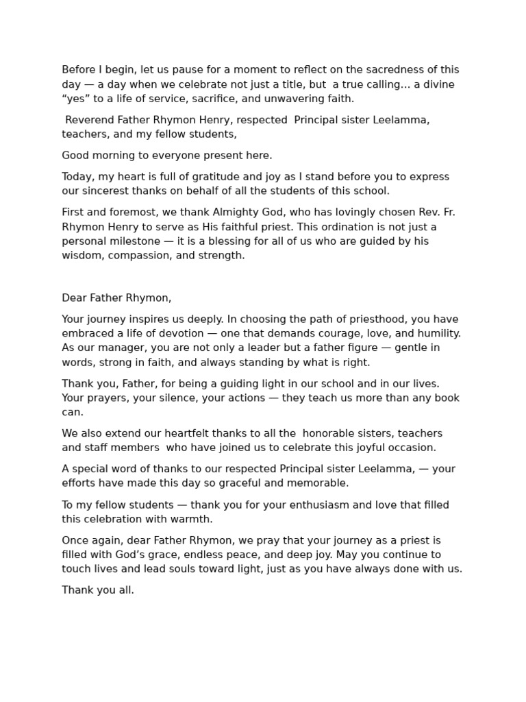 Speech Saint Luke School (Priestly Ordination Ceremony) | PDF