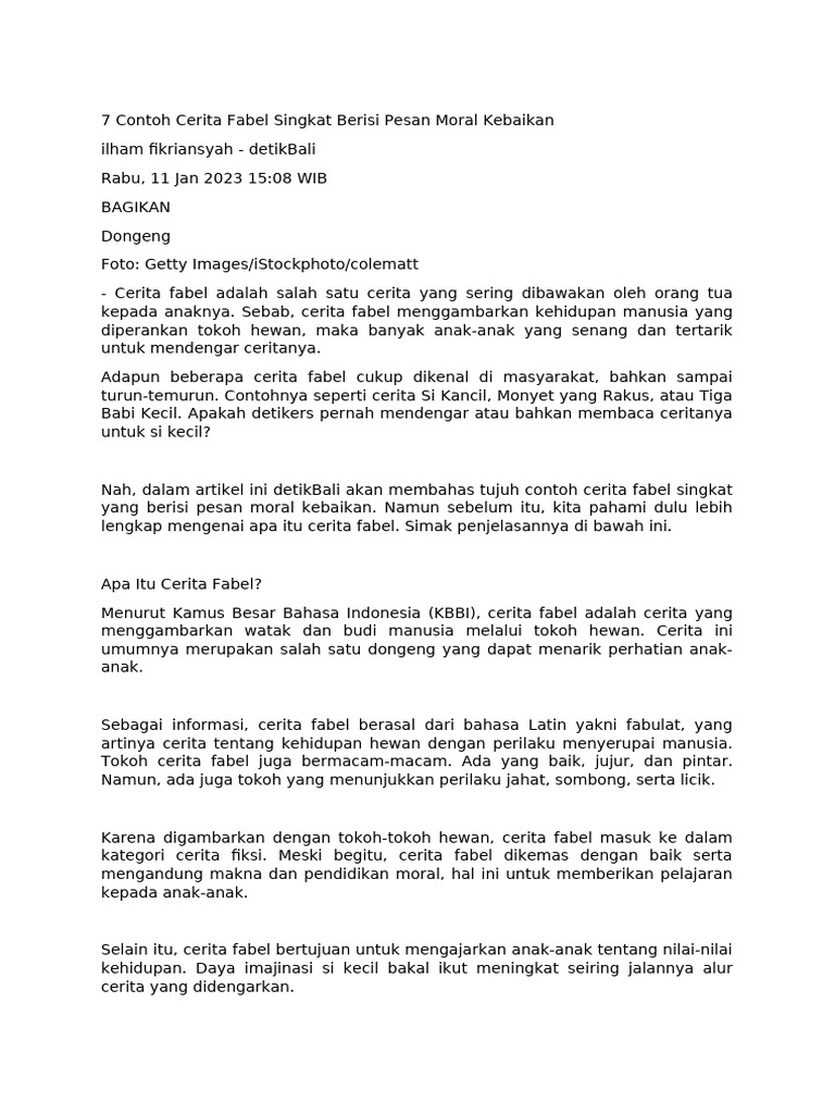 7 Fabel Singkat dengan Pesan Moral | PDF