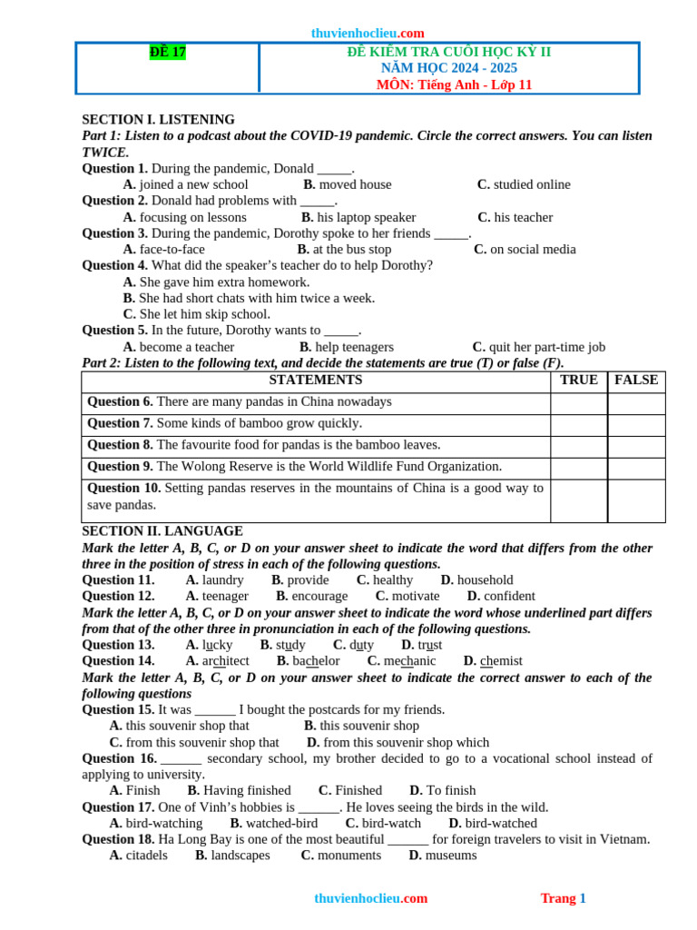 thuvienhoclieu.com-De-kiem-tra-cuoi-HK2-Tieng-Anh-11-Global-De-17 | PDF | Giant Panda ...