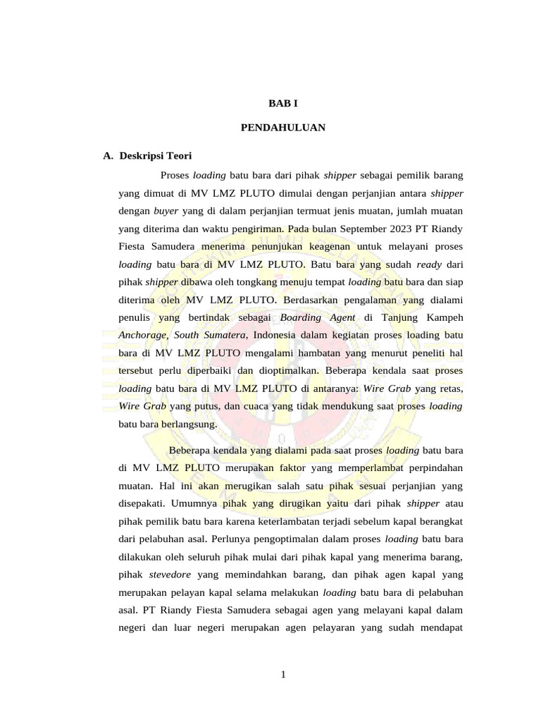 Bab 1&2_asgharul Ma_optimalisasi Proses Loading Batu Bara Di Mv Lmz Pluto Yang Diageni Oleh Pt ...