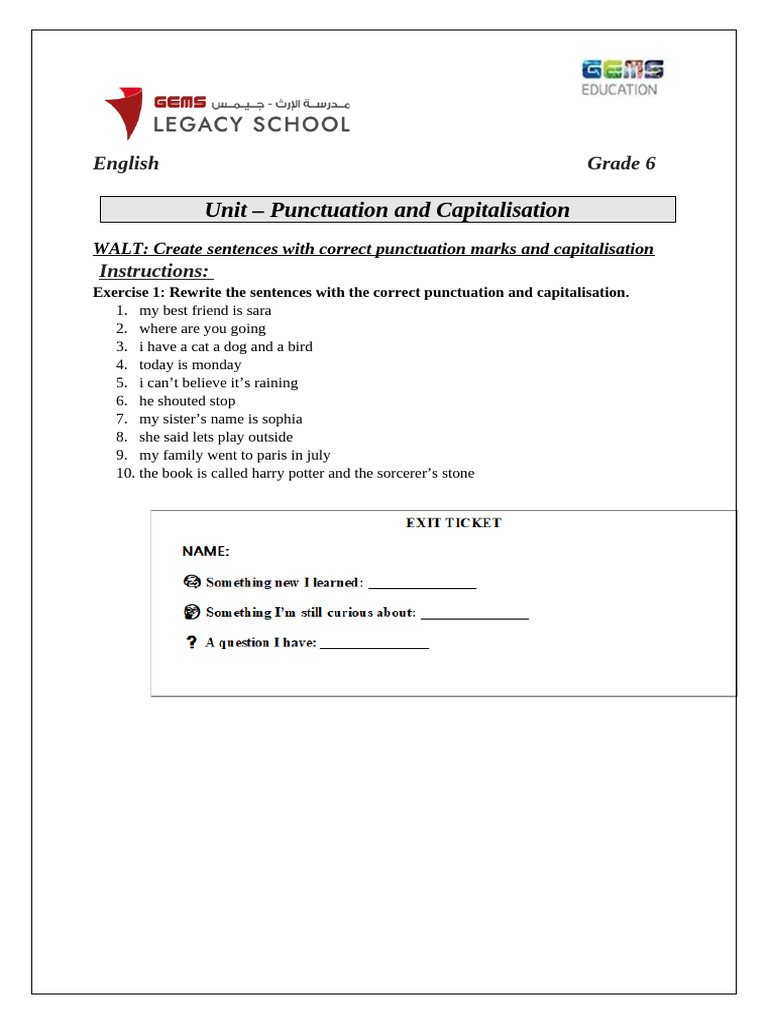 NBW - Punctuation and Capitalisation | PDF