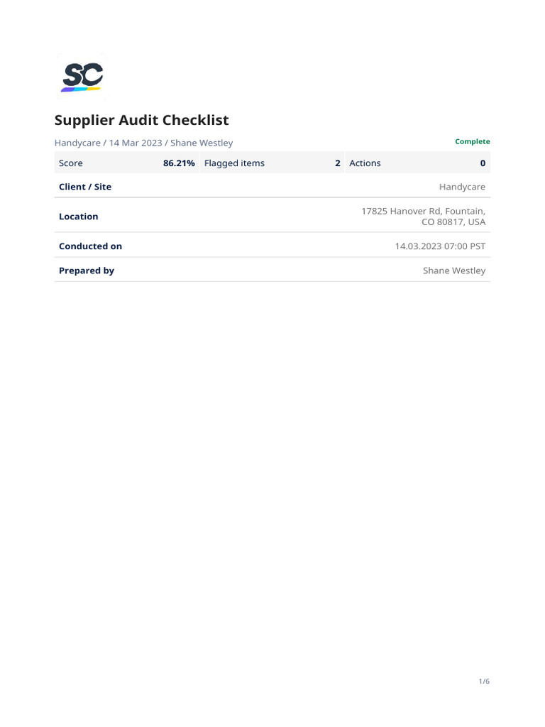 Supplier Audit Checklist Sample PDF Report | PDF | Food Safety | Hazard ...