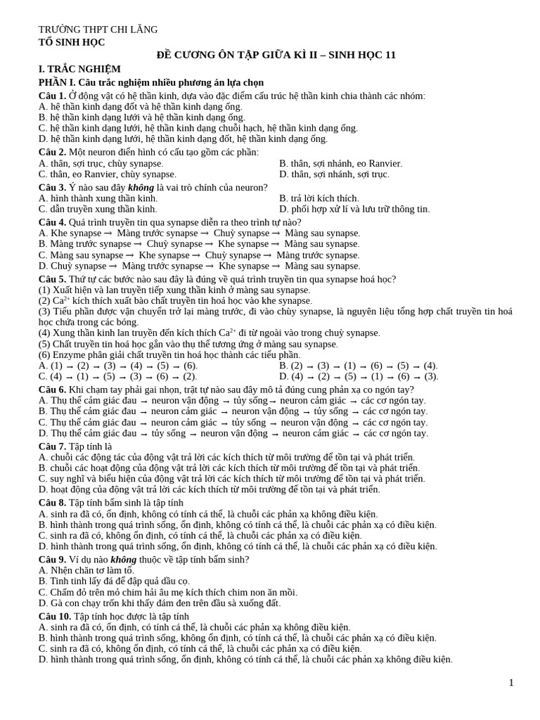 ĐỀ CƯƠNG SINH 11 GK II | PDF