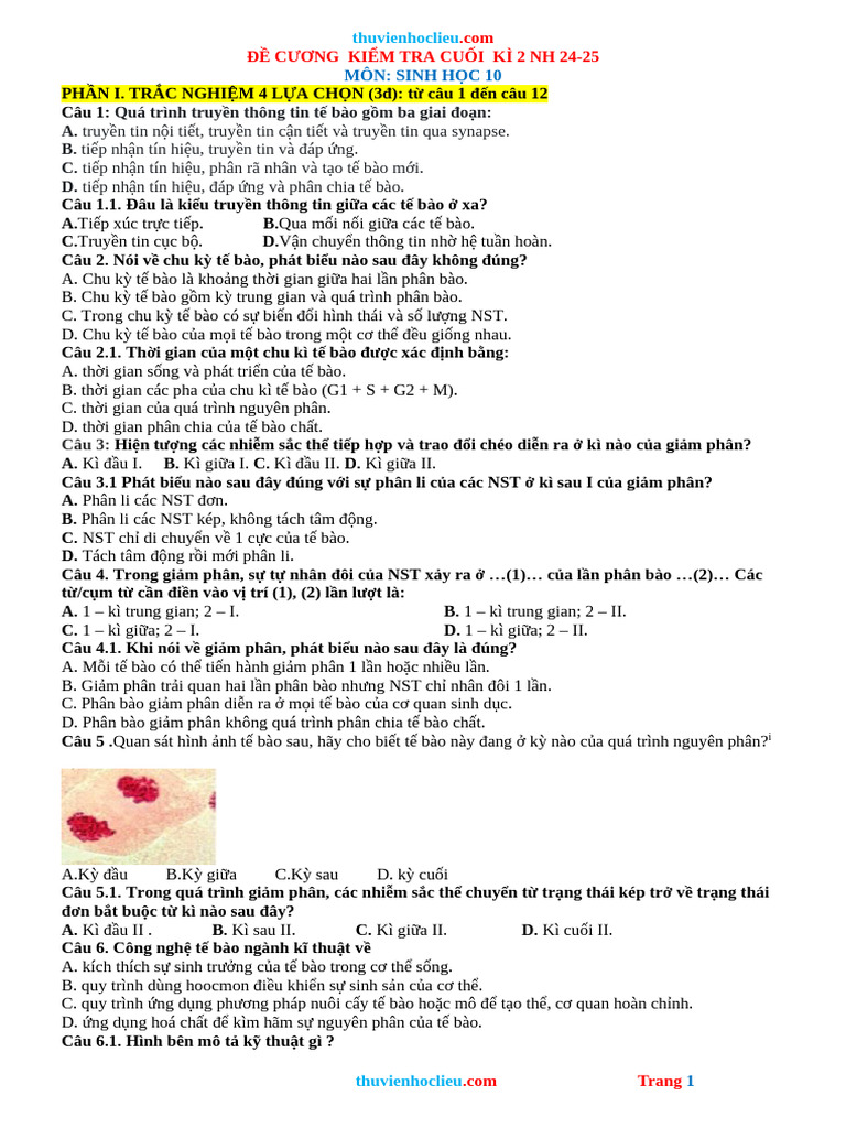 De Cuong On Tap HK2 Sinh 10 Canh Dieu 24 25 | PDF