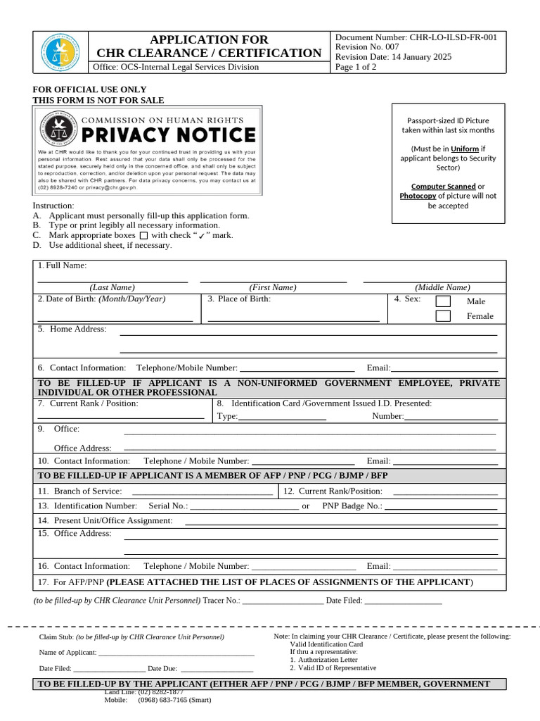 ILSD FR 001 Rev 007 CHR Clearance Application Form 1 | PDF | Identity ...