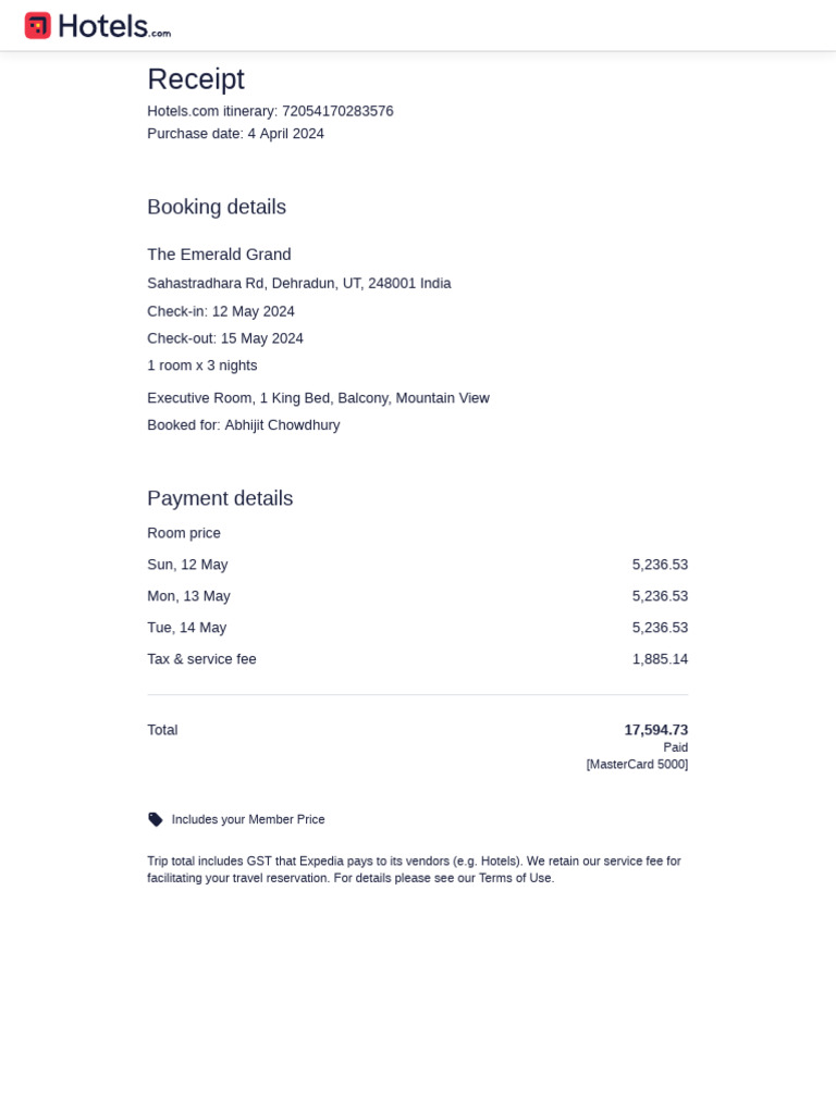 Dehradun Hotel Booking Receipt | PDF