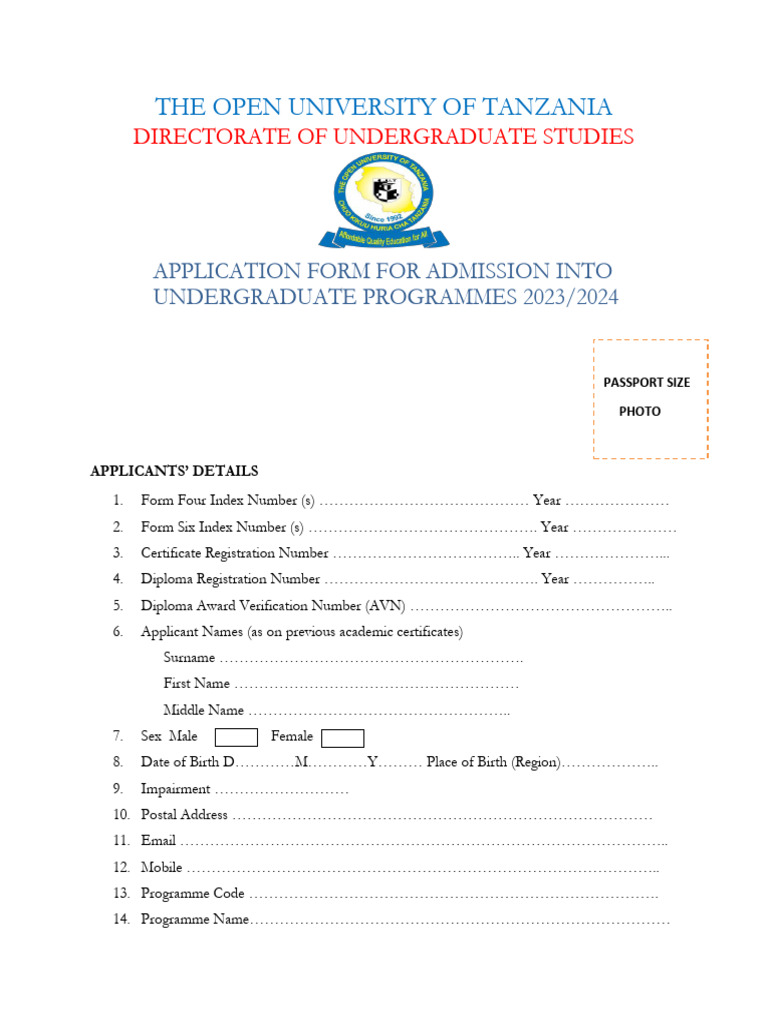 Undergraduate Application Form 2023 2024 Academic Year | PDF
