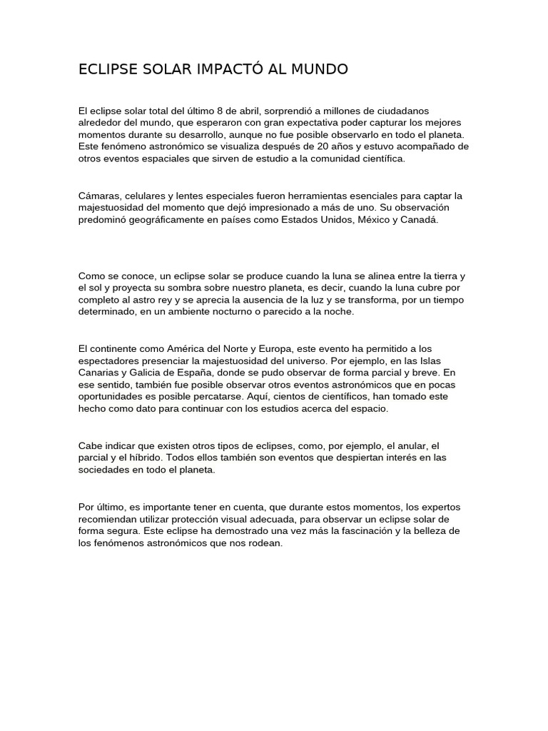 Eclipe Solar Impactó Al Mundo | PDF