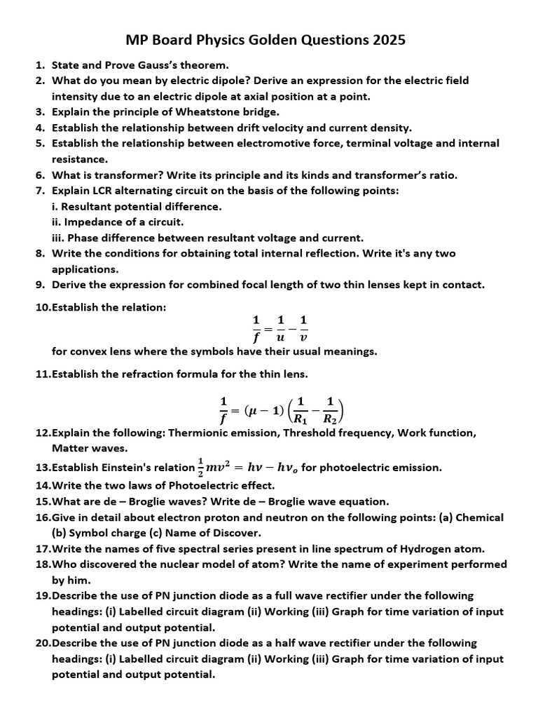 MP Board Class 12 Physics Questions 2025 | PDF | Rectifier | Waves