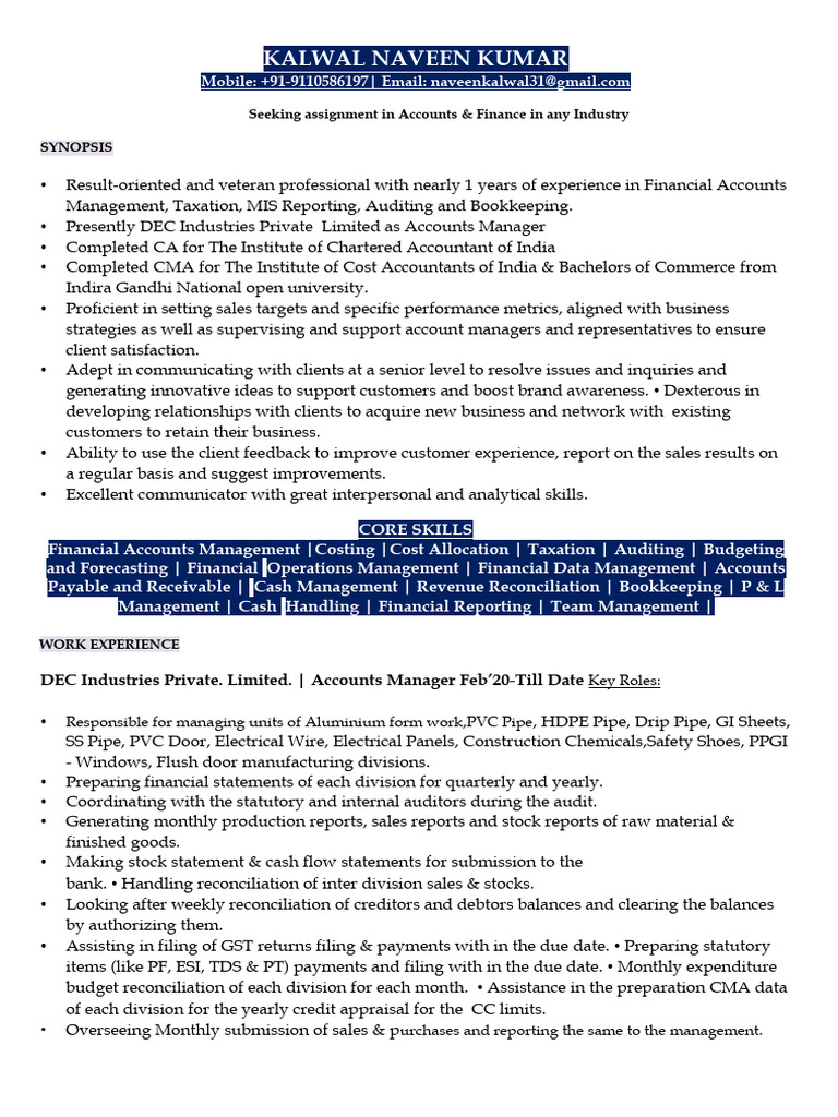 CA CMA Kalwal Naveen Kumar Resume | PDF | Audit | Business