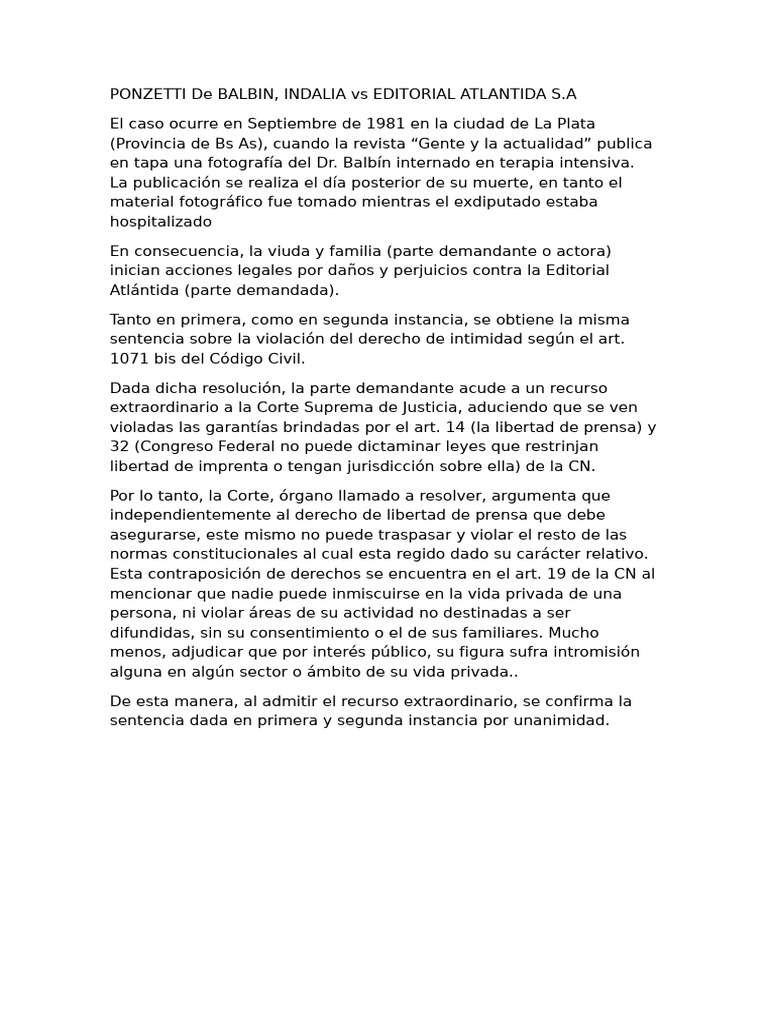 Fallo Ponzetti de Balbín vs Editorial Atlántida | PDF