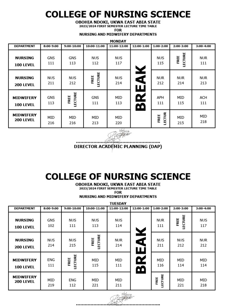 College of Nursing Time Table First Semester | PDF