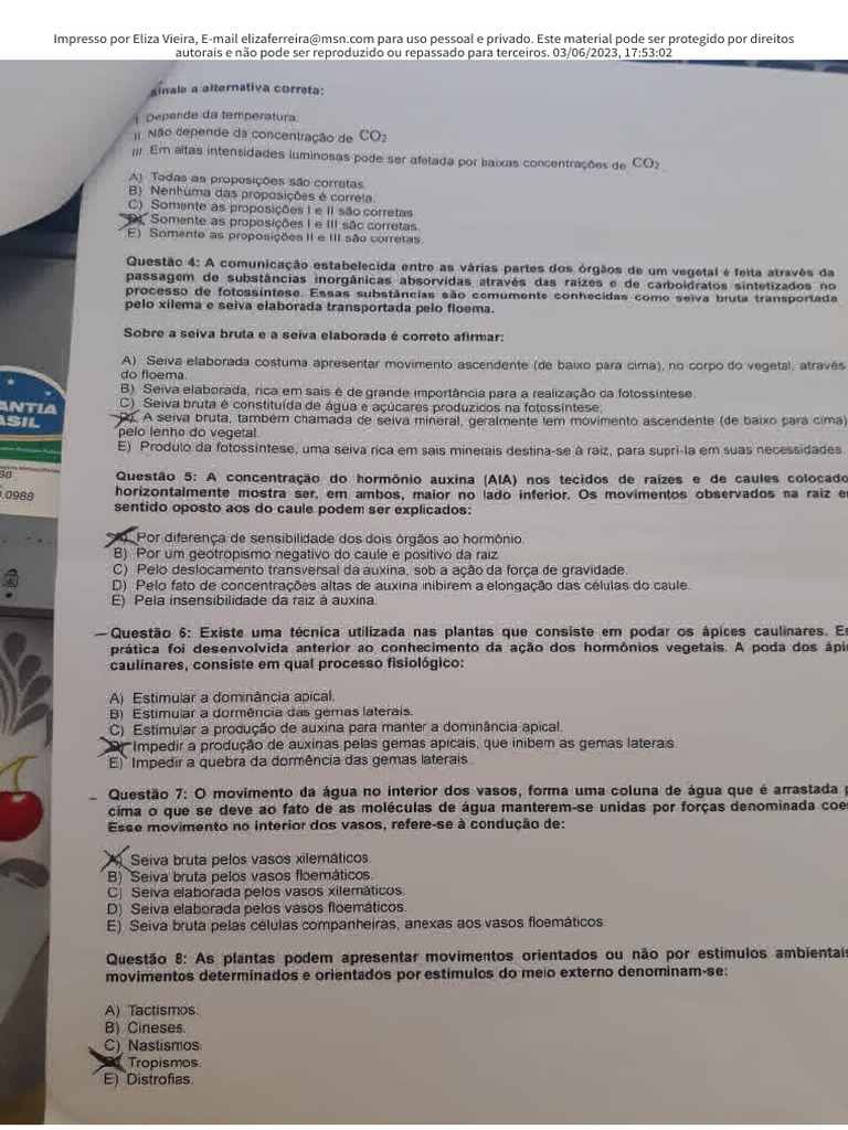 Prova de Fisiologia Vegetal 1 | PDF