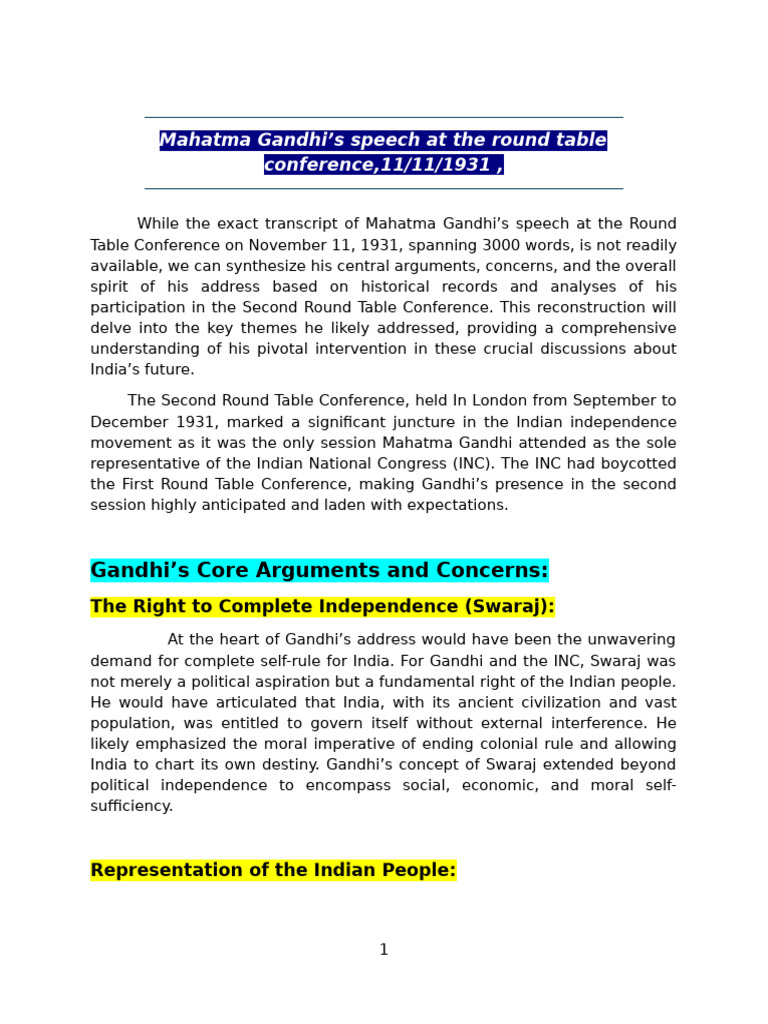 Gandhi's Round Table Conference Speeches | PDF | Mahatma Gandhi ...