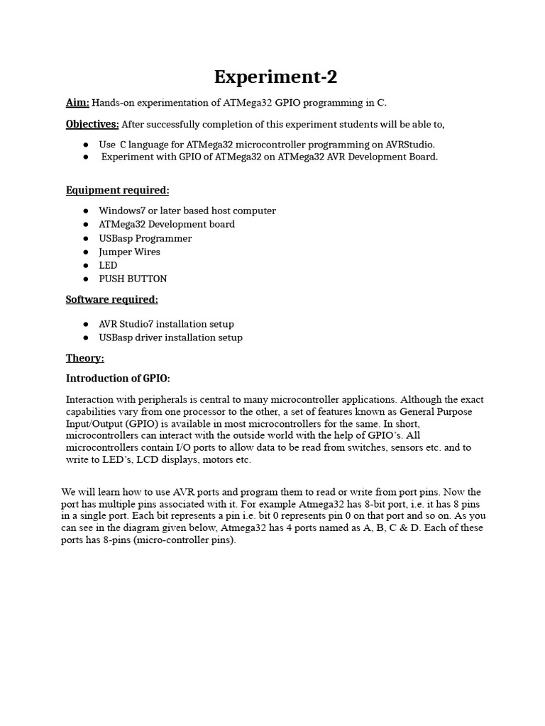 EXPERIMENT 2 - GPIO Programming in AVR - Dhyana | PDF | Microcontroller | Computer Science