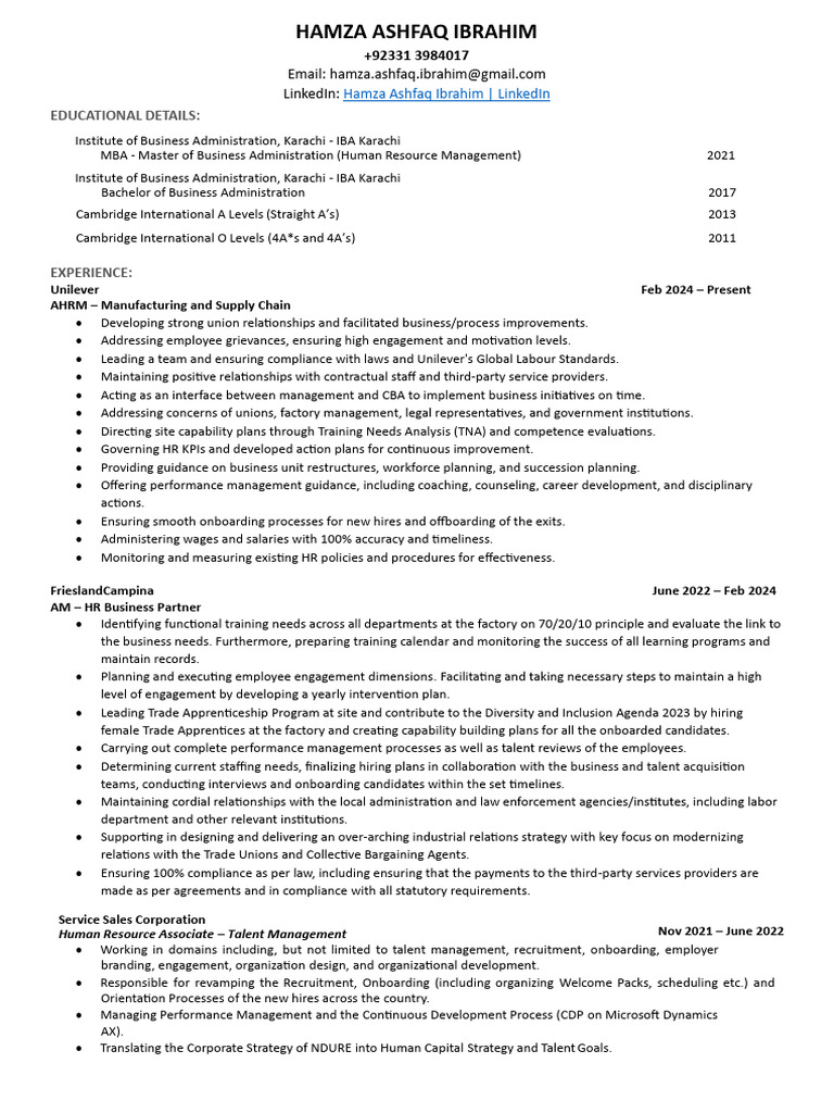 Hamza Ashfaq Ibrahim - Resume | PDF | Human Resource Management | Employment