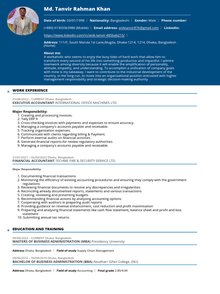 CV - Md. Tanvir Rahman Khan | PDF | Accounts Payable | Bangladesh