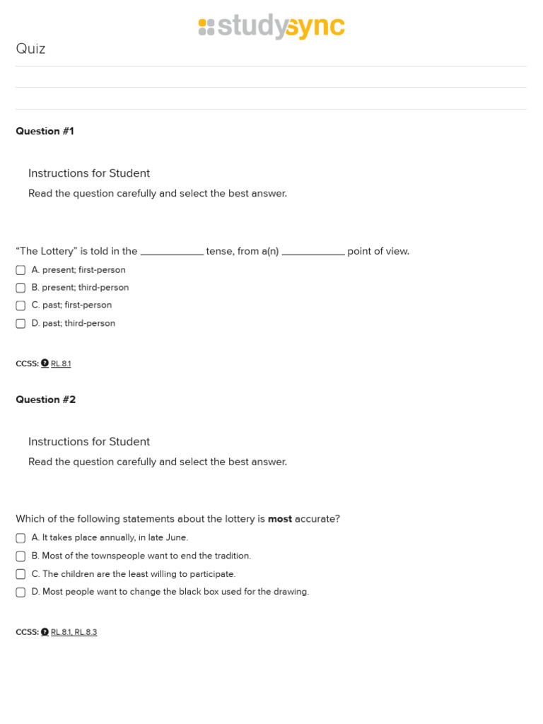 StudySync - Quiz - The Lottery | PDF