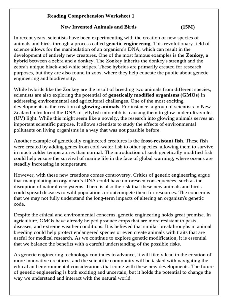 Reading Comprehension Worksheet 1 Bridge Course | PDF | Genetic ...