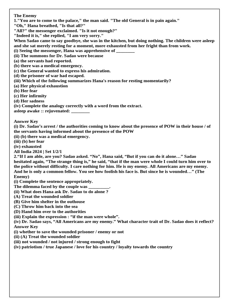 The Enemy Extract Based One Marks | PDF