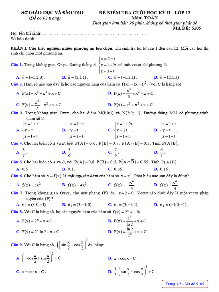 De Kiem Tra Cuoi Hoc Ky 2 Toan 12 Nam 2024 2025 So GDDT Binh Duong | PDF