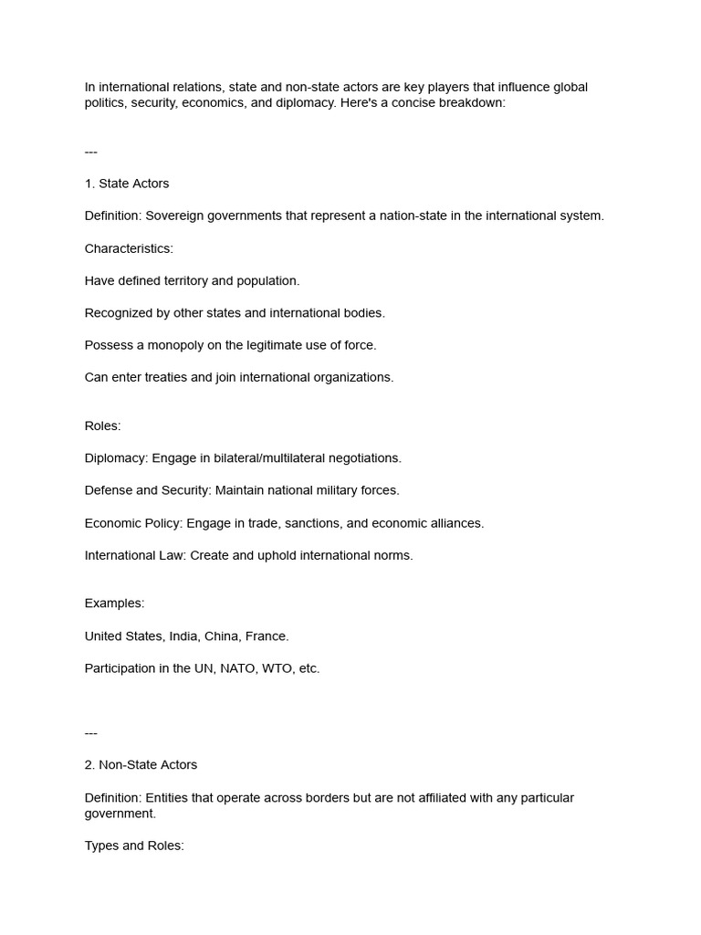 State and Non-State Actors in IR | PDF
