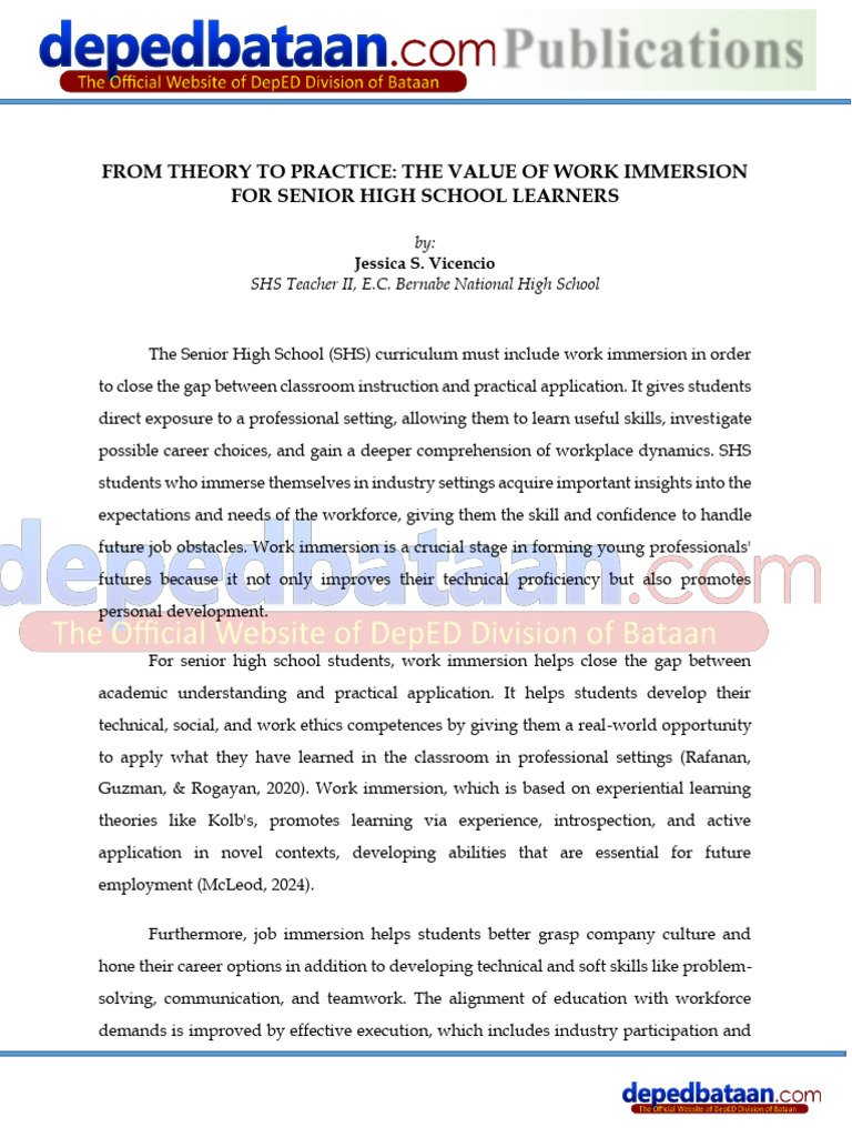 From Theory To Practice The Value of Work Immersion For Senior High School Learners | PDF ...