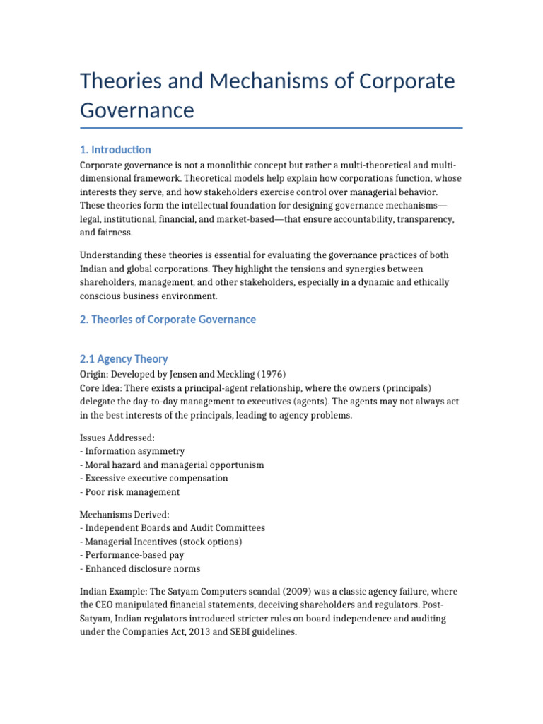 Theories and Mechanisms of Corporate Governance | PDF | Corporate ...