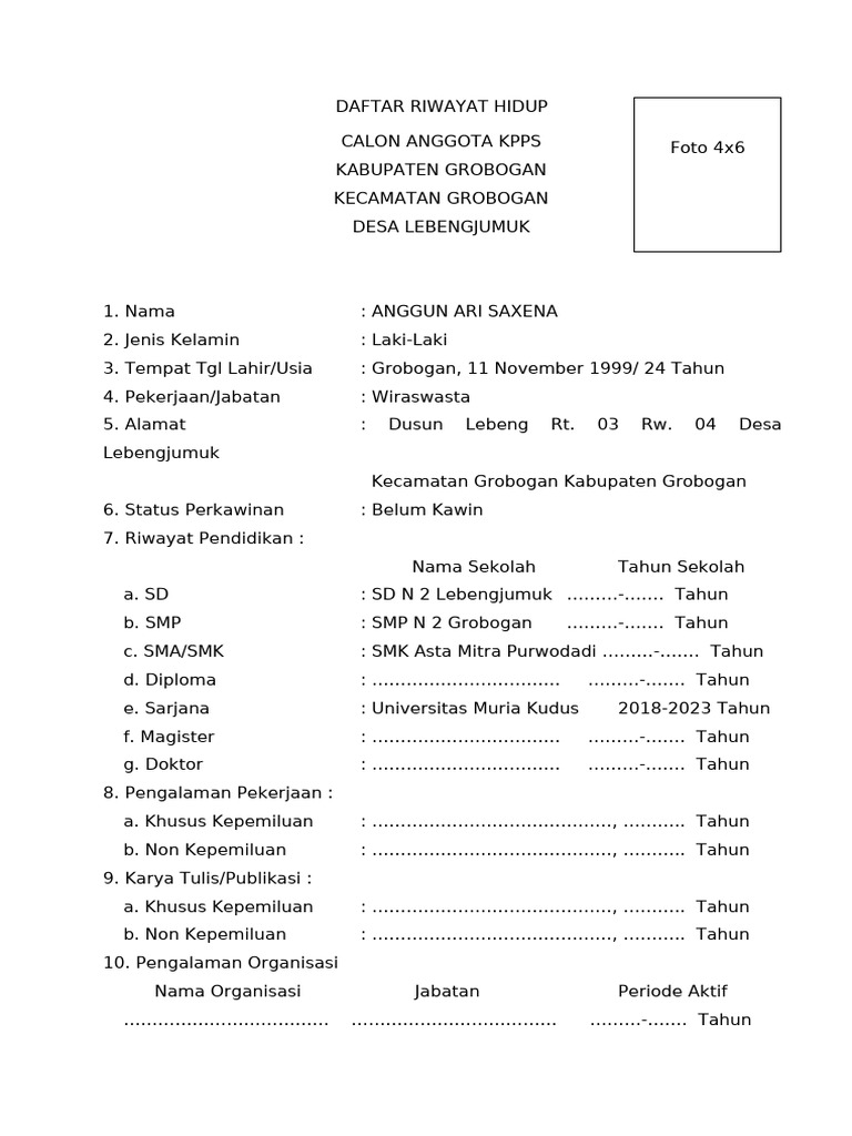 CV Anggun Ari Saxena untuk KPPS Grobogan | PDF