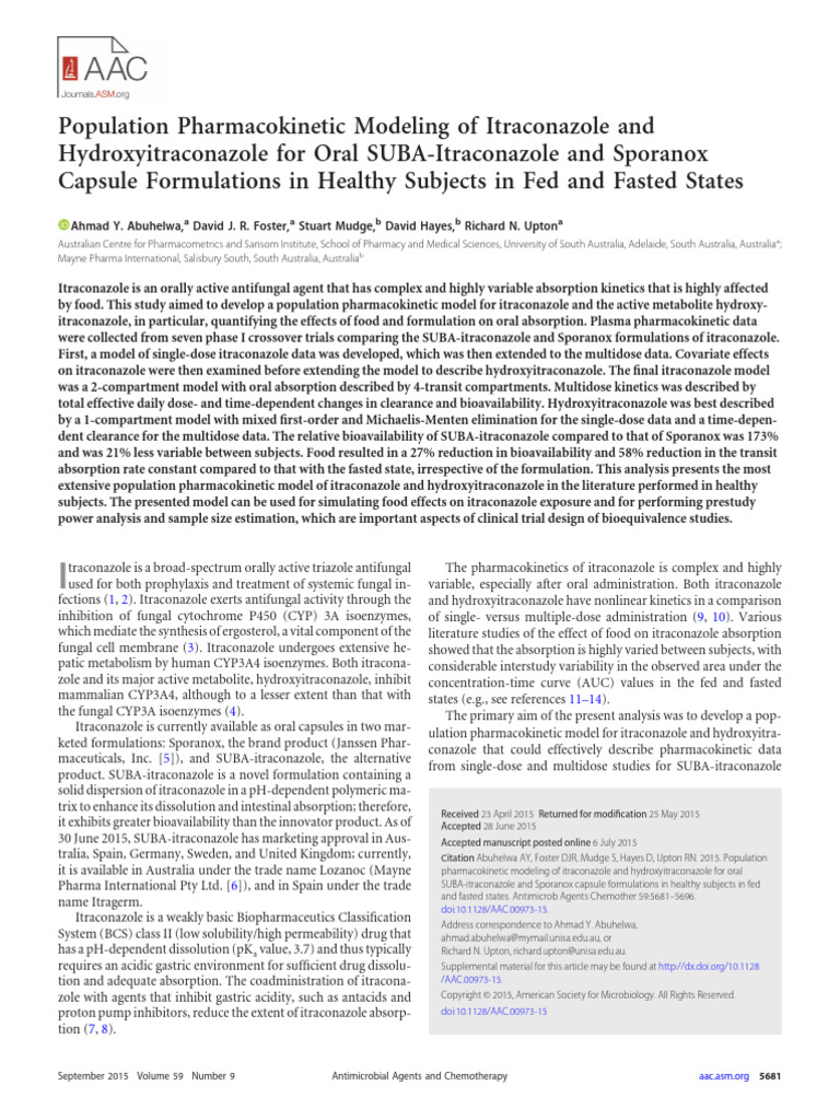 Abuhelwa Et Al 2015 Population Pharmacokinetic Modeling of Itraconazole and Hydroxyitraconazole ...