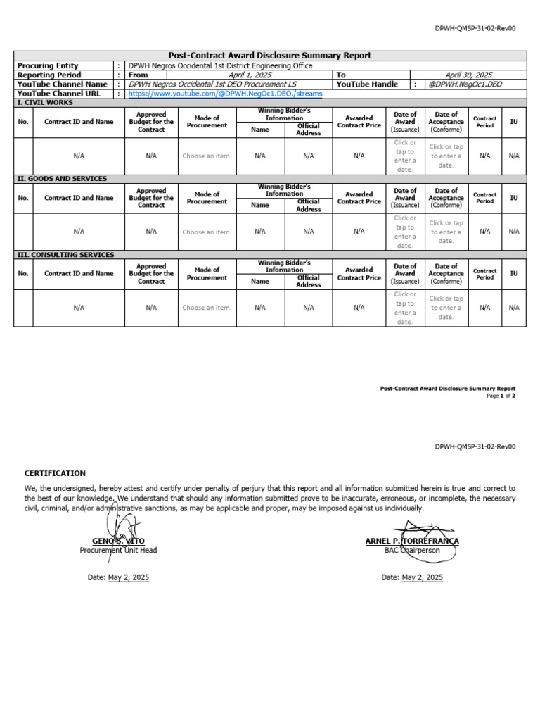Post-Contract Award Disclosure Monthly Summary Report For The Month of ...