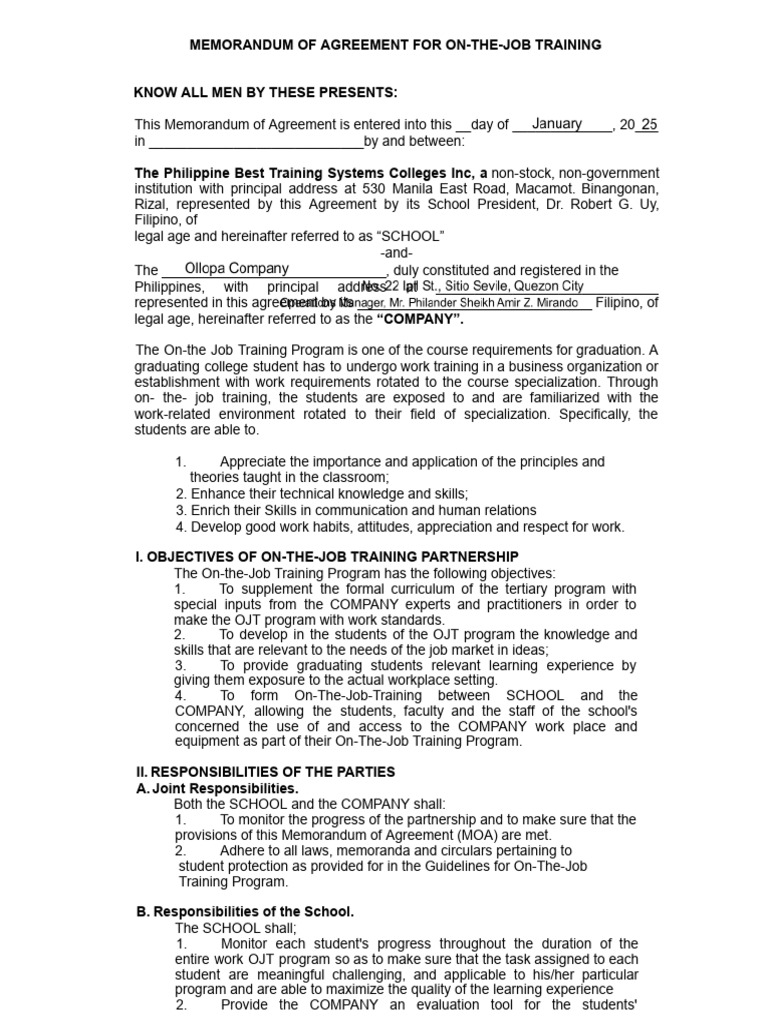 OJT Agreement with PBTS Colleges | PDF | Employment | Business