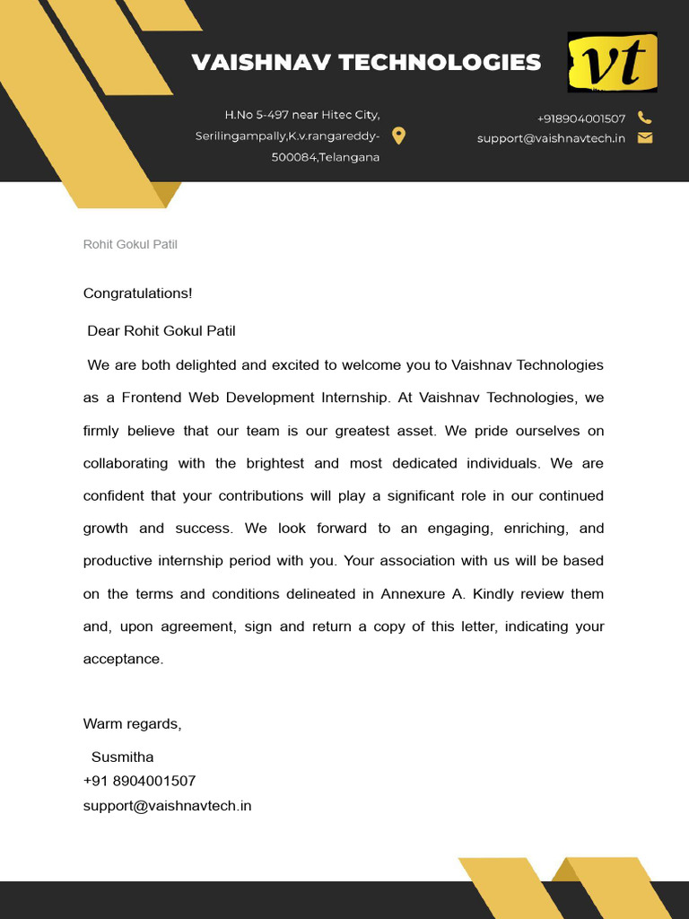 Offer Letter Rohit Gokul Patil | PDF