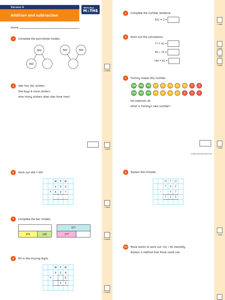Y3 Autumn B2 EoB Assessment Version A | PDF | Arithmetic | Elementary ...