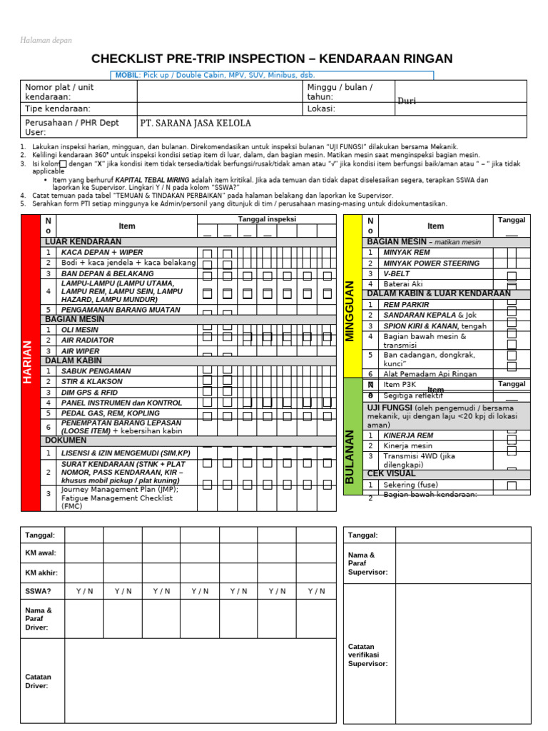 Pre Trip Inspection Check | PDF