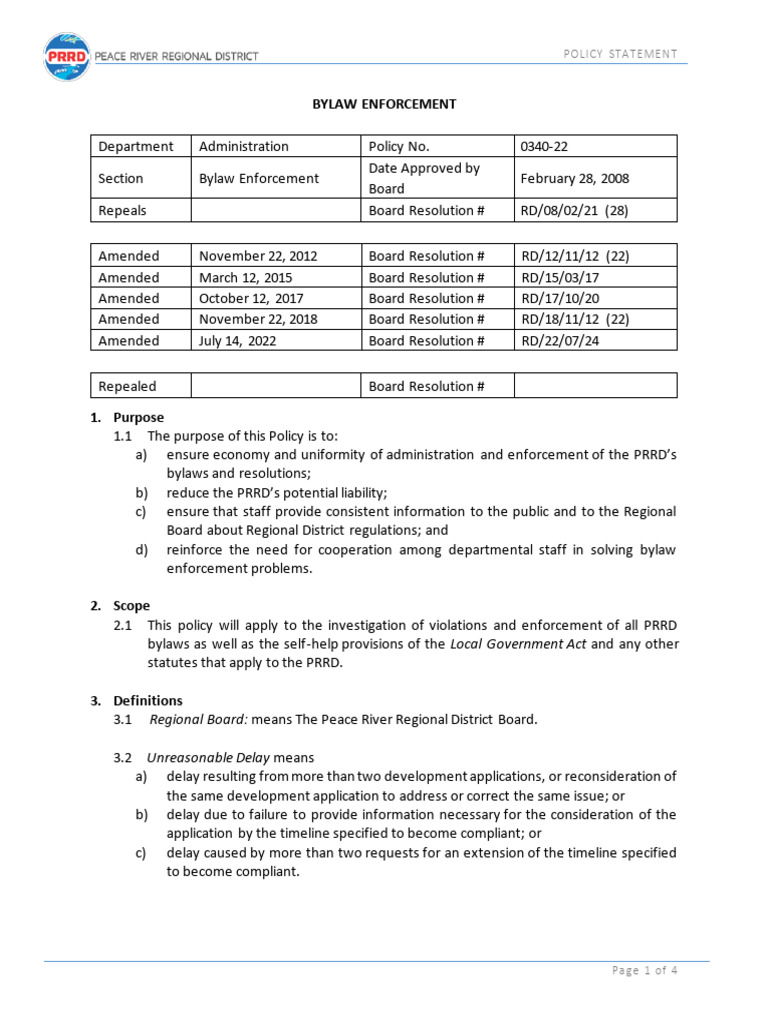 Bylaw Enforcement Policy 0340-22 | PDF | Regulatory Compliance | By Law