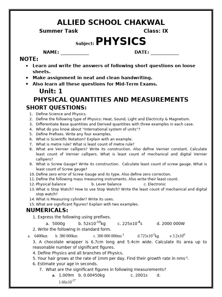 Physics 9th Class (Summer Task) | PDF | Force | Gravity