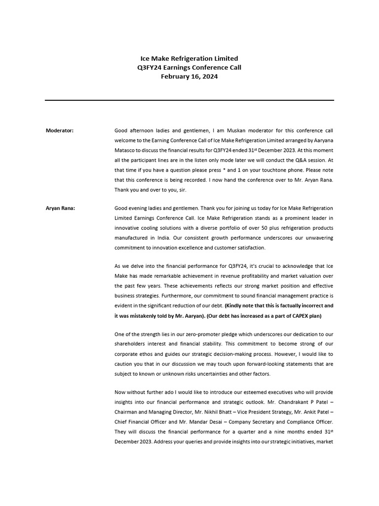 Q3FY24 Conference Call Transcript Ice Make | PDF | Supply Chain ...