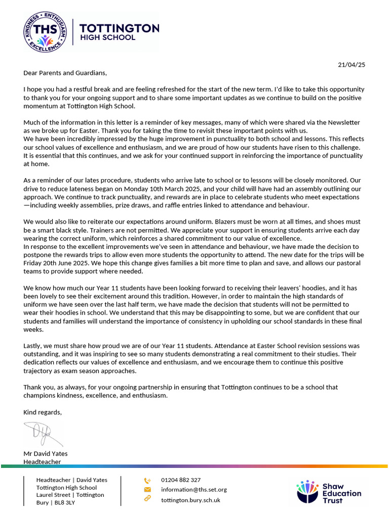 Headteacher - David Yates Tottington High School Laurel Street ...