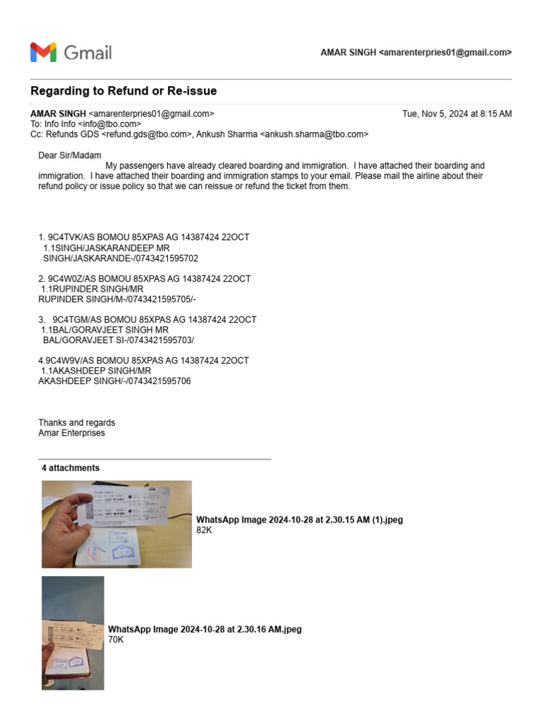 Gmail - Regarding To Refund or Re-Issue | PDF