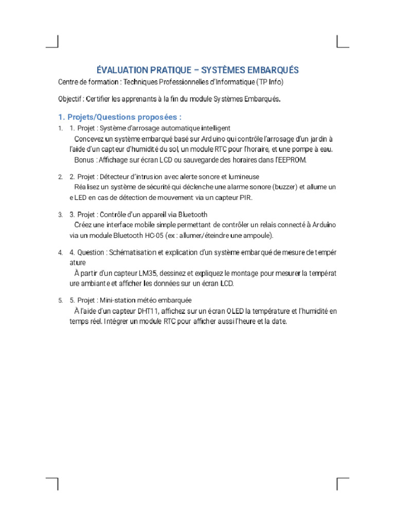 Livret Evaluation Systemes Embarques TP Info Phoenix | PDF