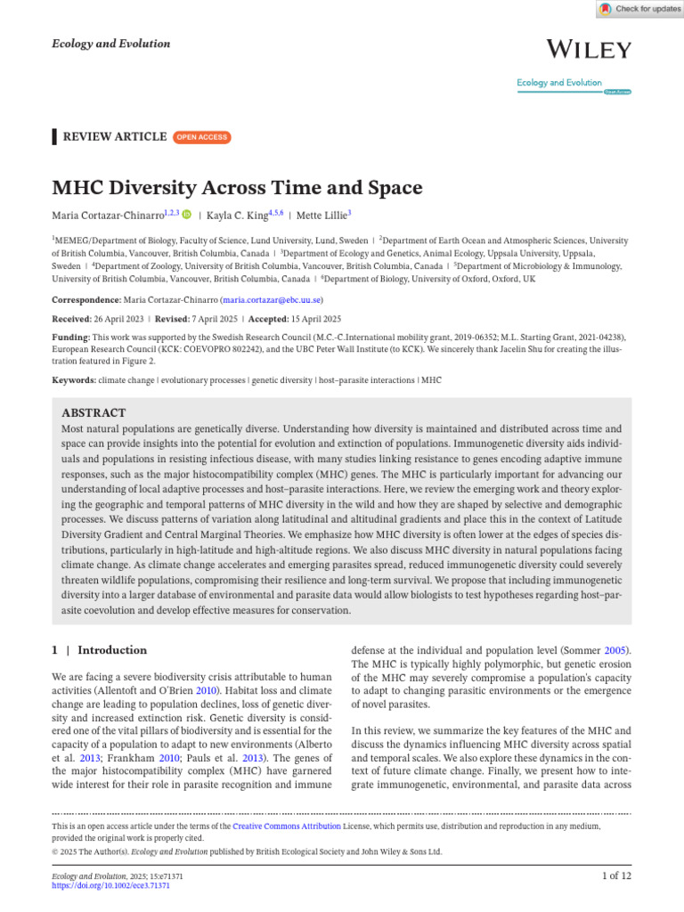 Ecology and Evolution - 2025 - Cortazar Chinarro - MHC Diversity Across ...
