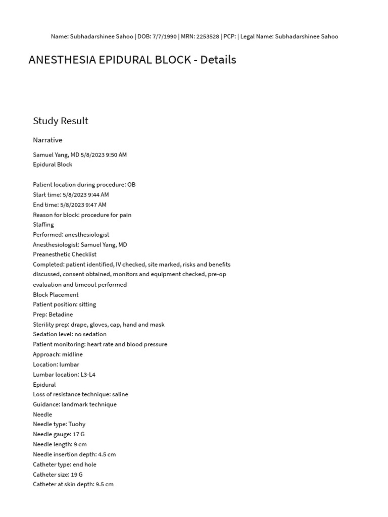 Epidural Block Procedure Summary | PDF