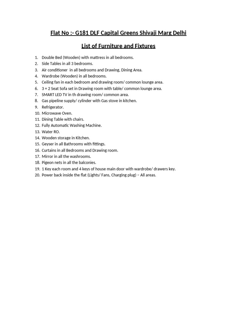 Comprehensive Furniture & Fixtures List | PDF